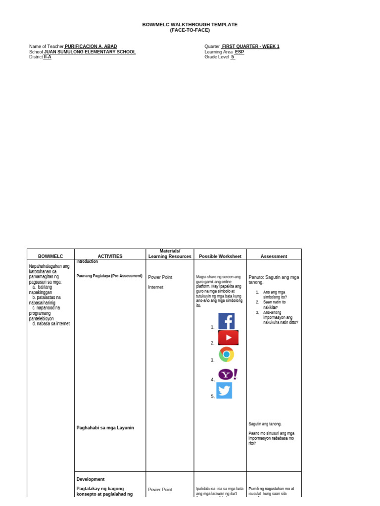 BOW-MELC-WALKTHROUGH-ESP-5-1st-Qtr-Week | PDF