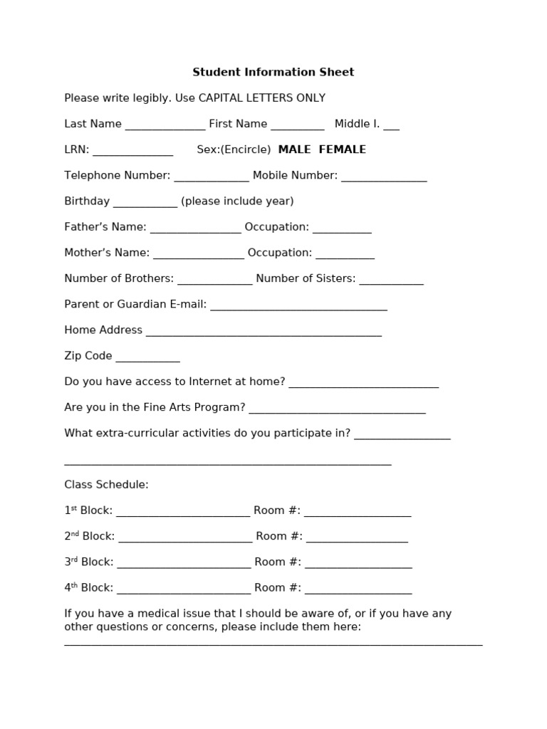 Student Information Sheet | PDF