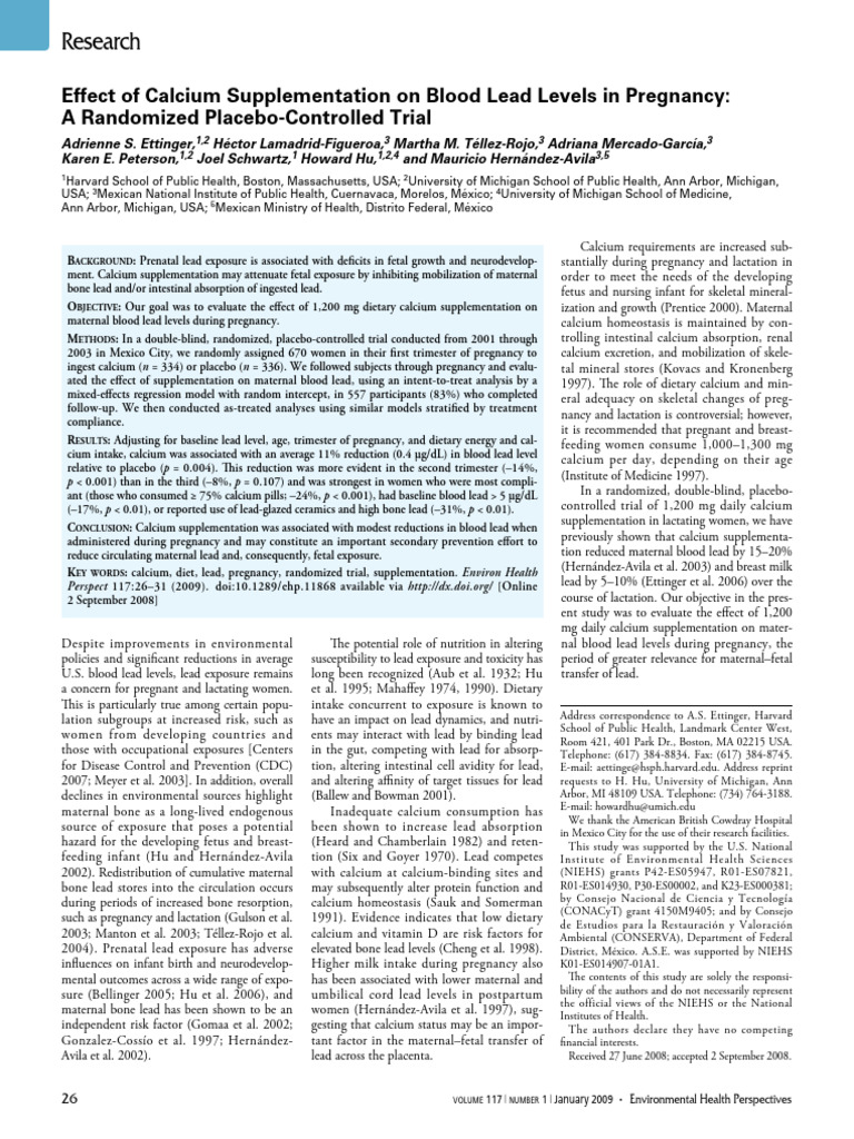 Ettinger Et Al 2008 Effect of Calcium Supplementation On Blood Lead ...