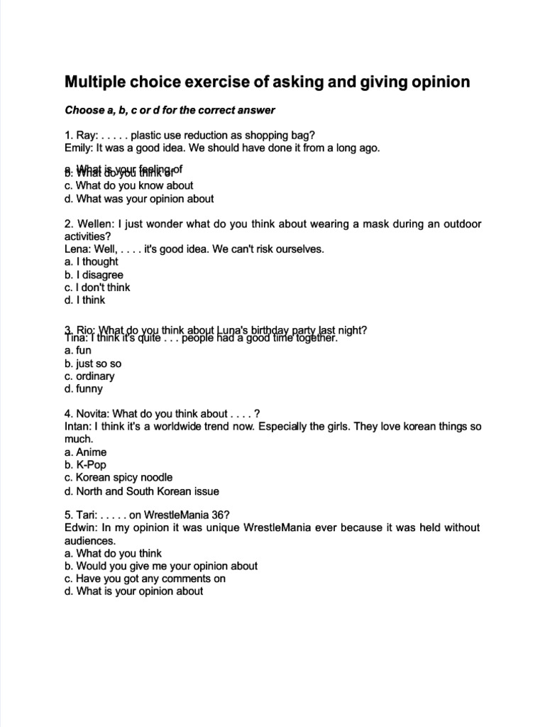 PDF Multiple Choice Exercise of Asking and Giving Opinion Compress | PDF