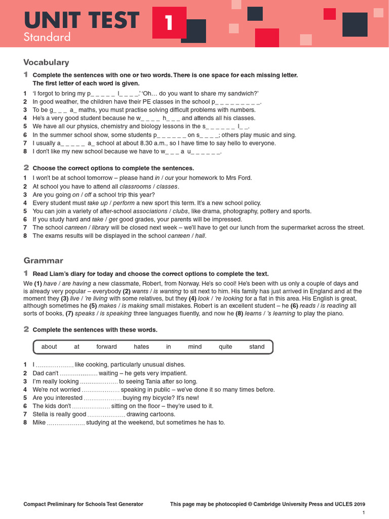 B1 Preliminary For Schools Unit 1 Exam | PDF