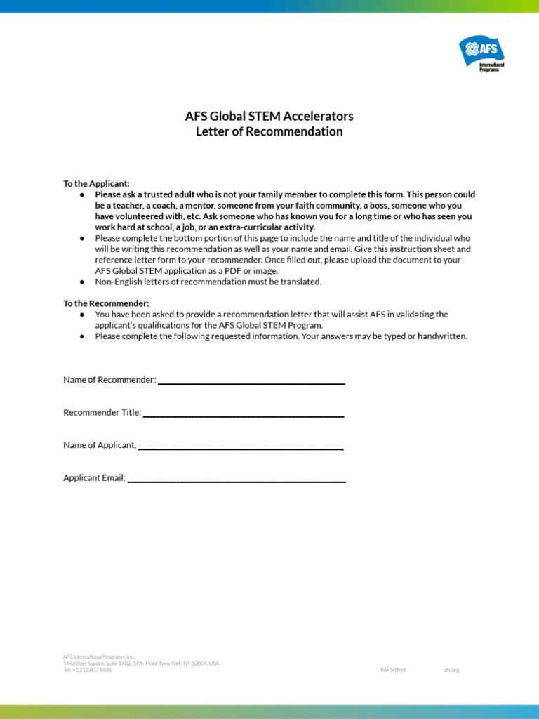 AFS Global STEM Program Recommendation Form | PDF