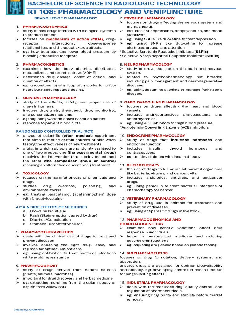 Branches of Pharmacology and Venipuncture | PDF | Pharmacology | Selective Serotonin Reuptake ...