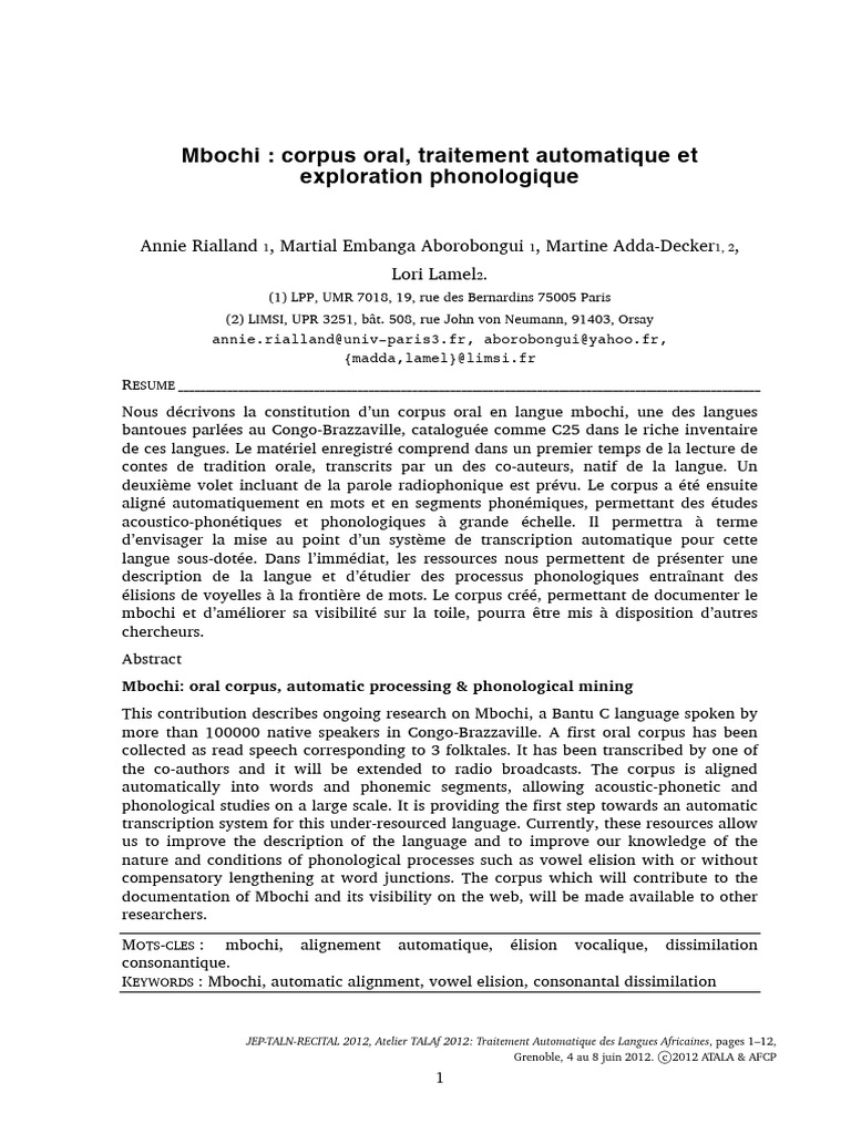 Corpus oral et phonologie du mbochi | PDF | Syllabe | Voyelle