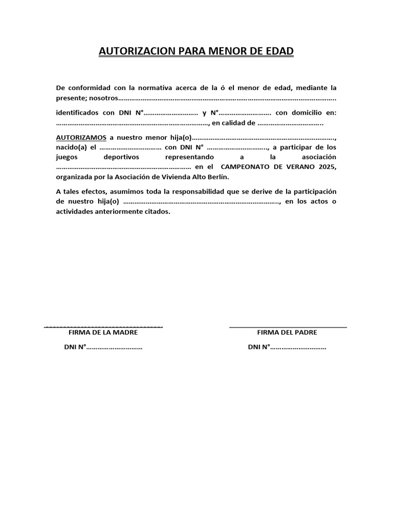 Autorizacion para Menor de Edad | PDF