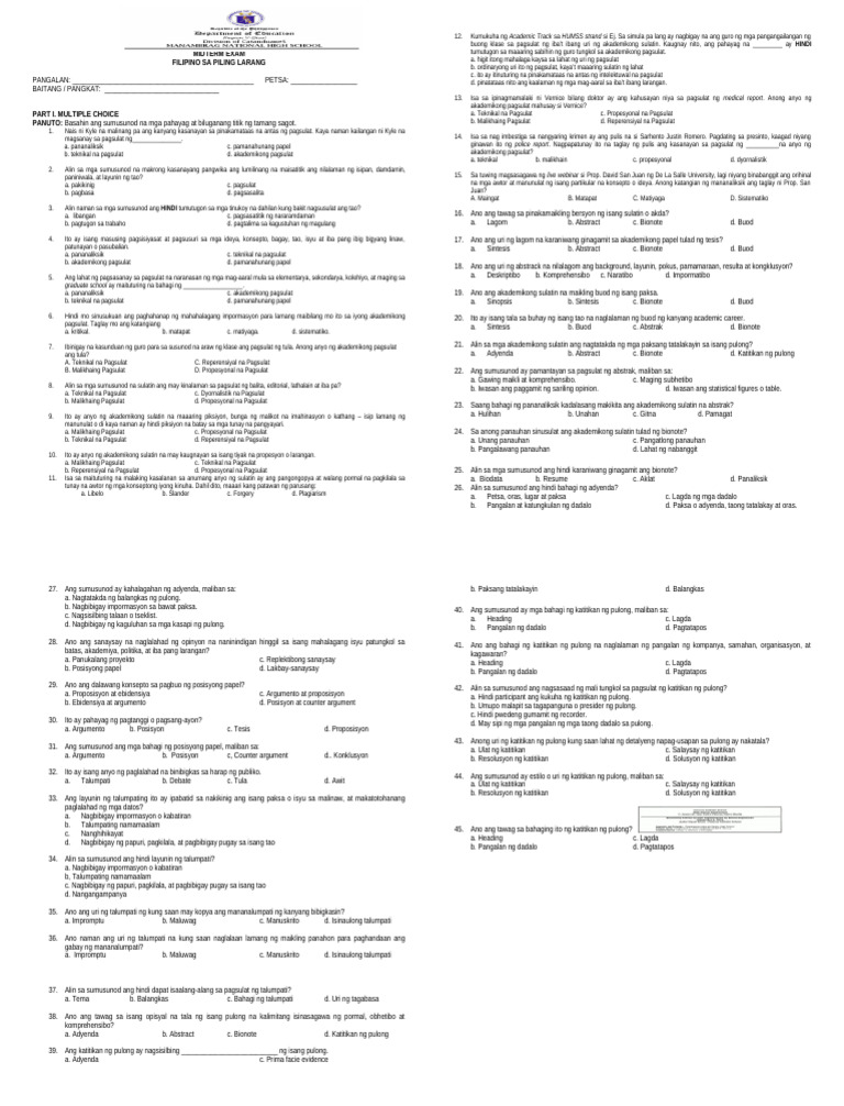 Midterm in Filipino Sa Piling Larang | PDF