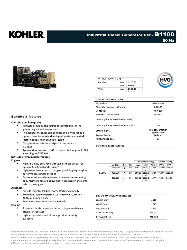 B1100 Industrial Diesel Generator Specs | PDF | Diesel Engine | Engines