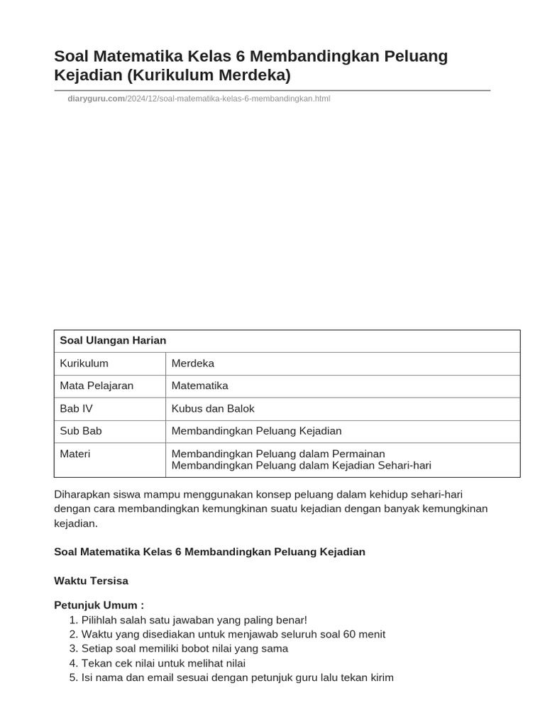 Soal Matematika Kelas 6 Membandingkan Peluang Kejadian Kurikulum ...