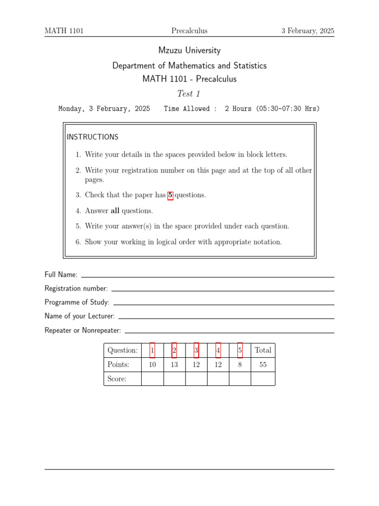 MATH 1101 Precalculus Test 1 | PDF | Mathematics