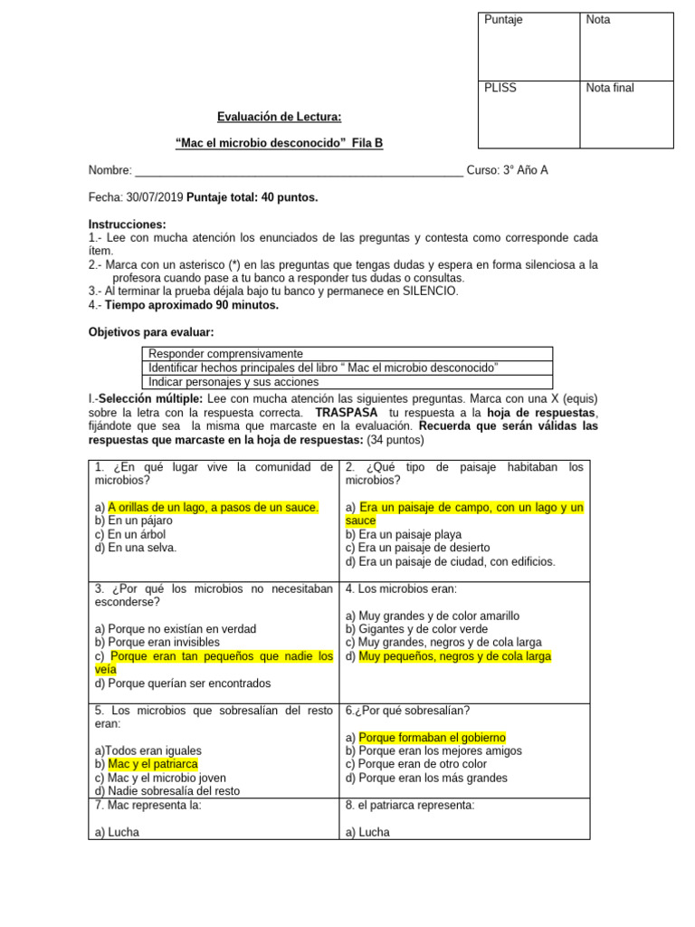 Evaluación de "Mac el microbio desconocido" | PDF