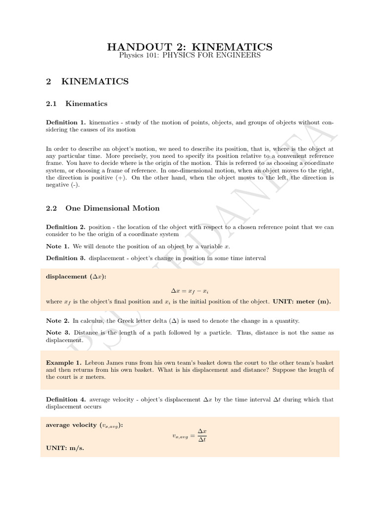 Handout_Physics_101_Kinematics (DRAFT) | PDF | Acceleration | Velocity