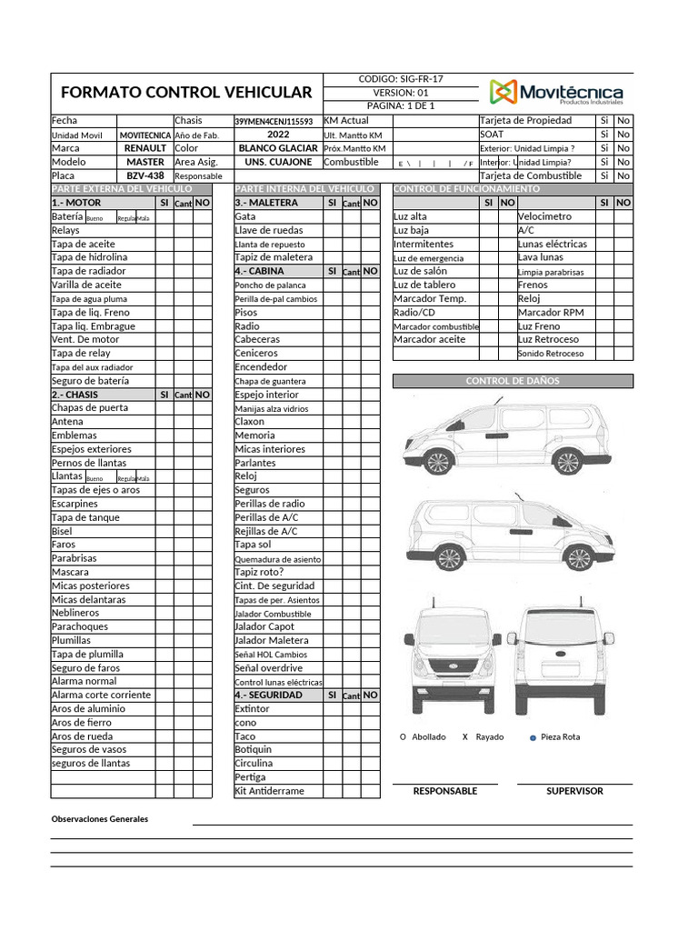 Control Vehicular: Formato y Checklist | PDF | Fabricantes de ...