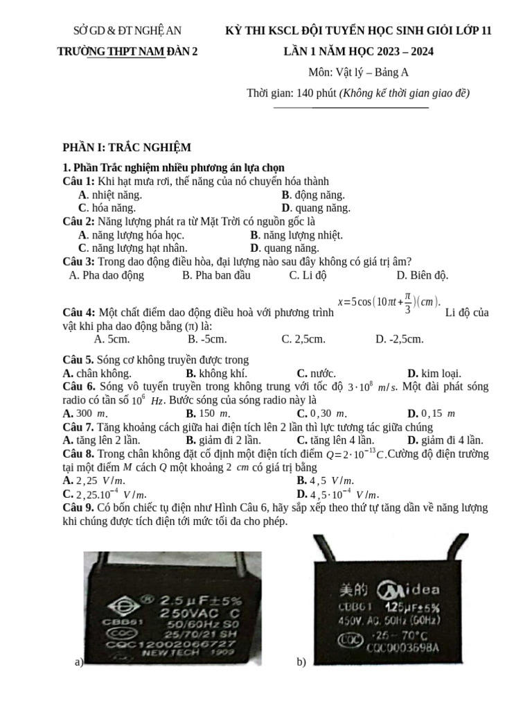 VẬT LÝ 11 - HSG 11 - THPT Nam Đàn 2 - SỞ GD&ĐT Nghệ An - 2023-2024 - Đáp án | PDF