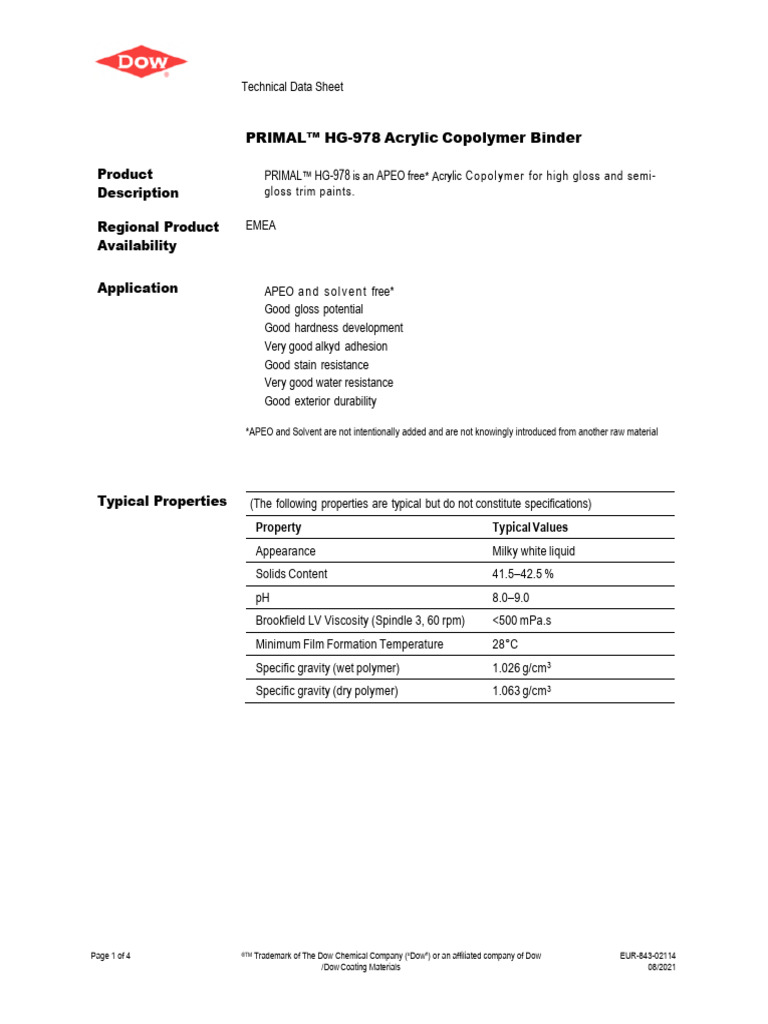 843 02114 01 Primal HG 978 Acrylic Copolymer Binder | PDF | Paint ...