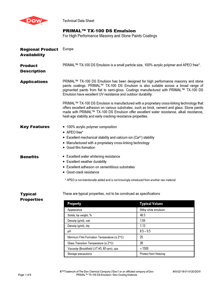 843 02118 01 Primal TX 100 Ds Emulsion | PDF | Paint | Glasses