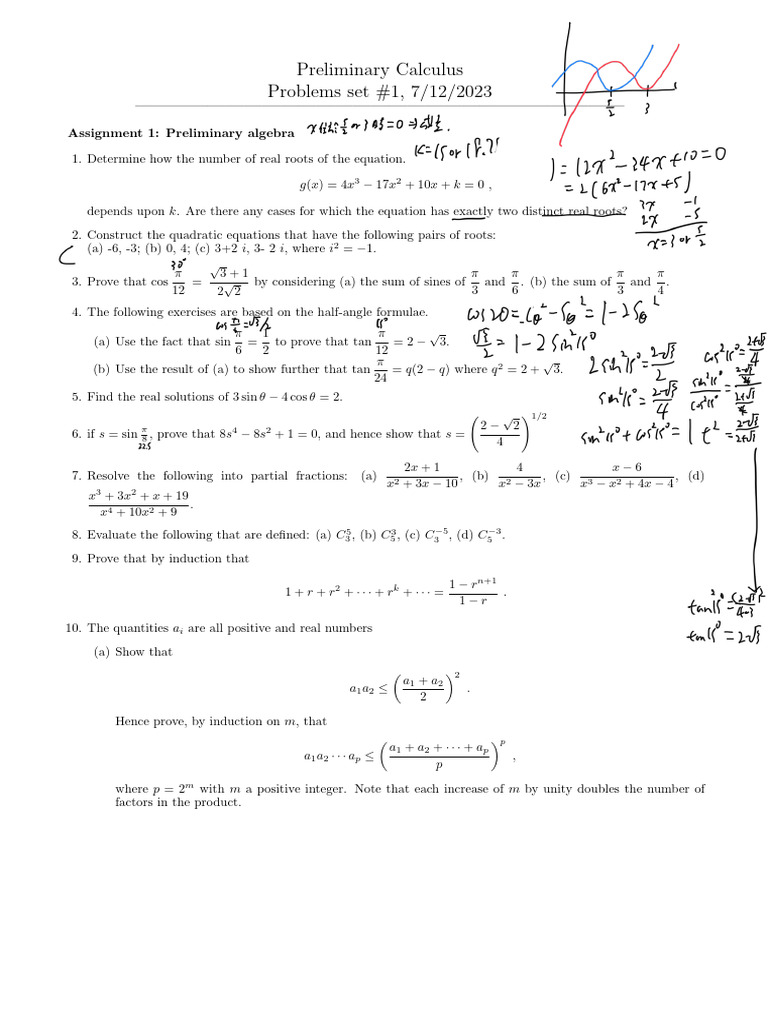 Preliminary Calculus Problem Set 1 | PDF | Equations | Pi