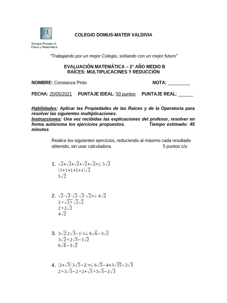 Evaluación Operatoria con Raíces | PDF | Matemáticas