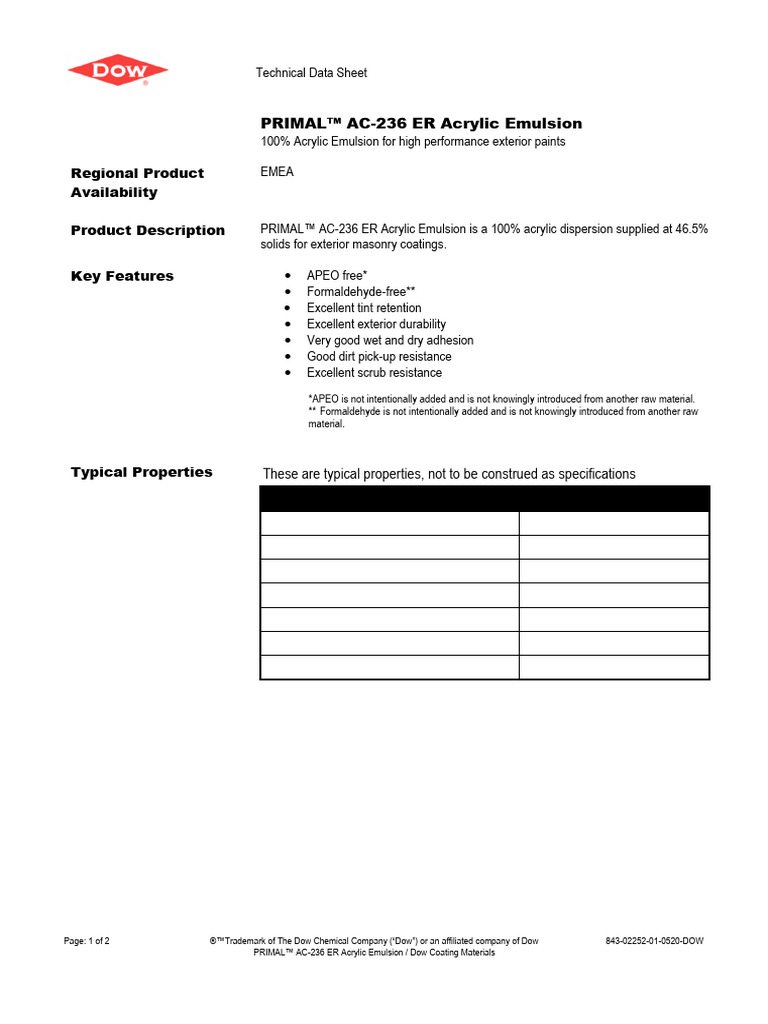 843 02252 01 Primal Ac236 Er Acrylic Emulsion Tds | PDF | Acrylic Paint ...