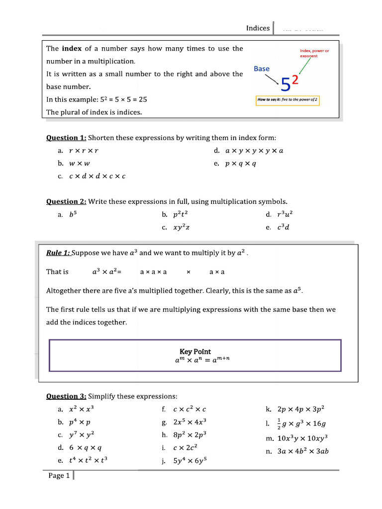 Indices Worksheet | PDF