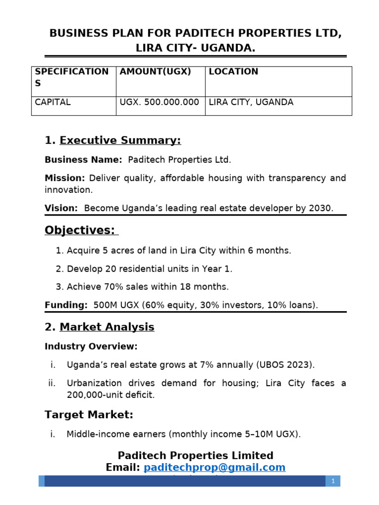 Paditech Properties Limited Business Plan - Denis Pule | PDF | Business ...