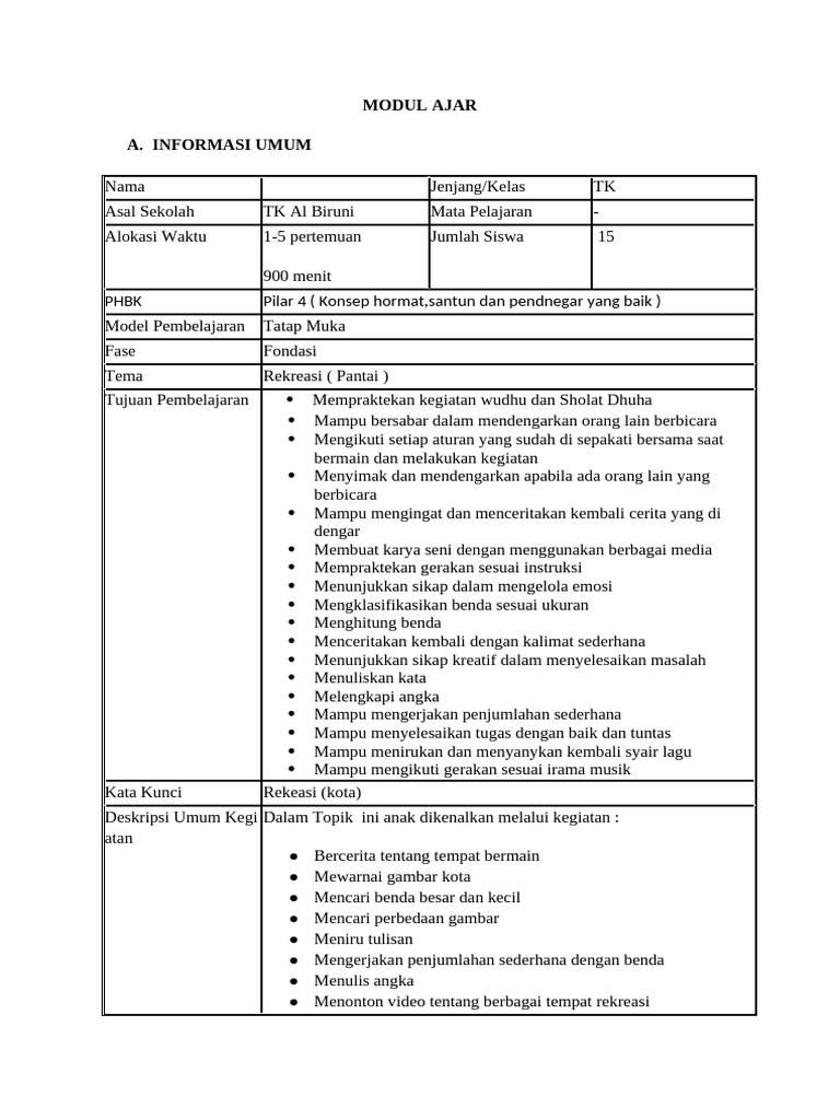 MODUL AJAR tema Pantai | PDF
