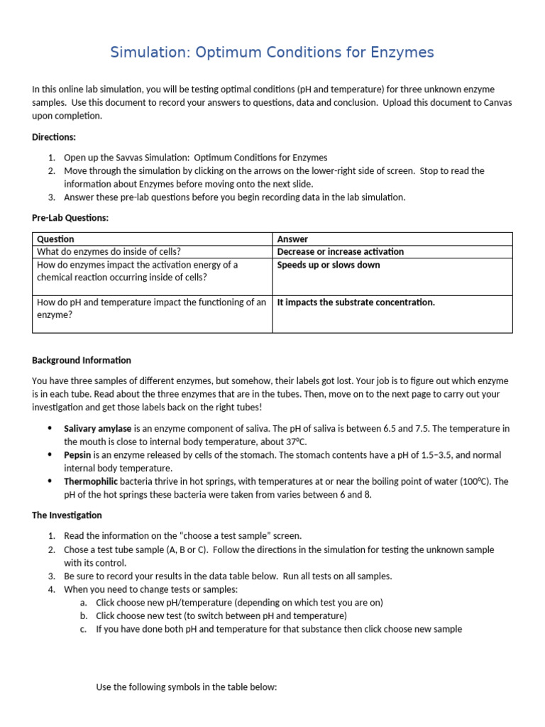 Simulation - Optimum Conditions For Enzymes Student Handout | PDF ...
