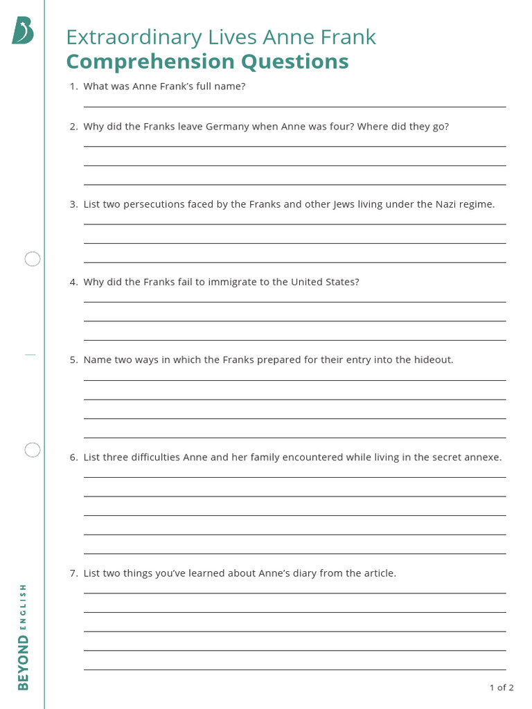 Extraordinary Lives Anne Frank Comprehension Question HA | PDF | Anne ...