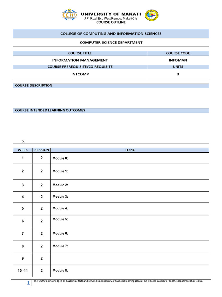 INFOMAN-COURSE OUTLINE | PDF | Databases | Relational Model