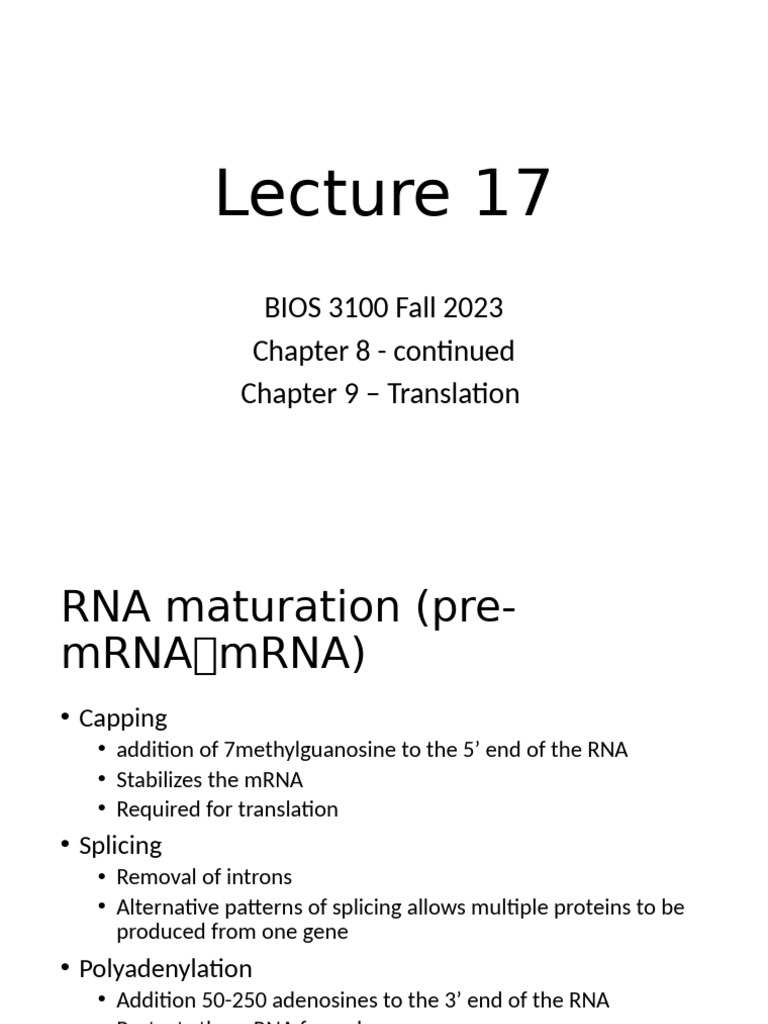 BIOS 3100 Lecture 17 Spring 2025 - RNAi and Translation For Students | PDF | Rna | Genetic Code