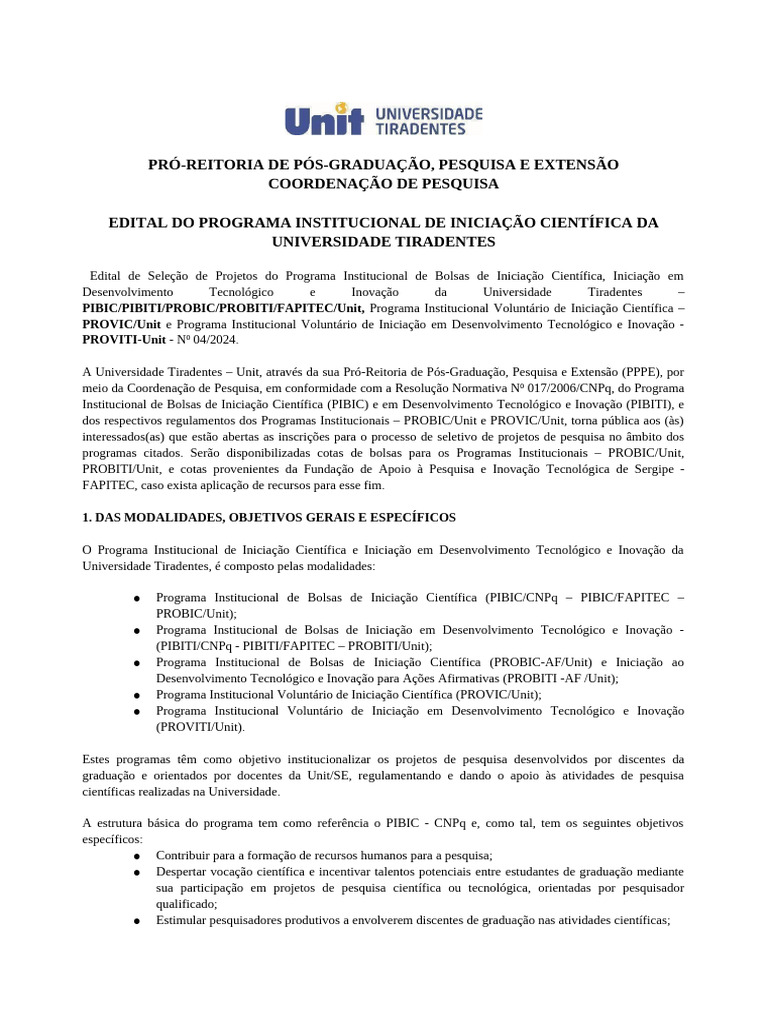 Edital_n4_2024_PROBIC_Unit 2 | PDF | Pós-graduação | Science