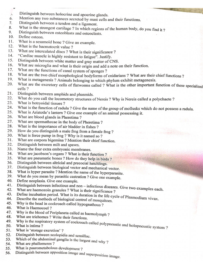 Ts JR Inter Zoology Laq Questions | PDF