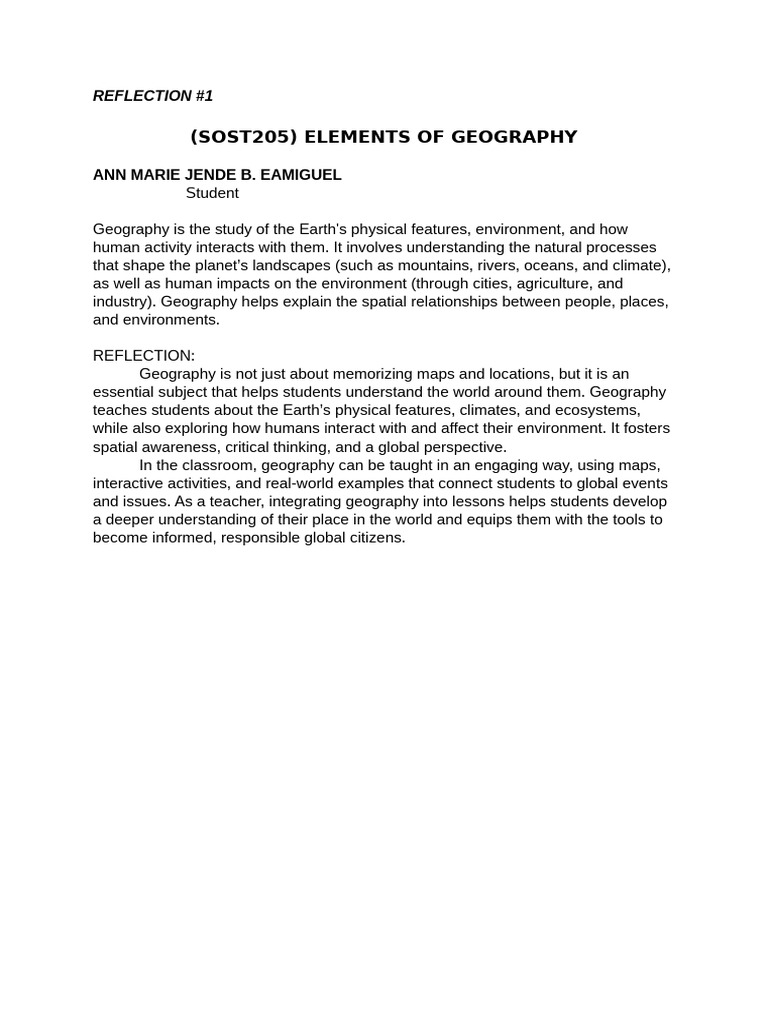 (Sost205) Elements of Geography Reflection 1 | PDF