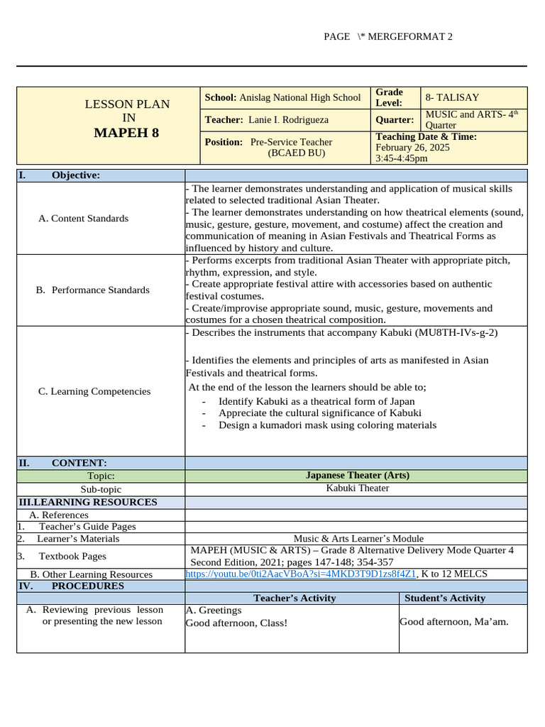 Kabuki Theater Lesson Plan for Grade 8 | PDF | Performing Arts