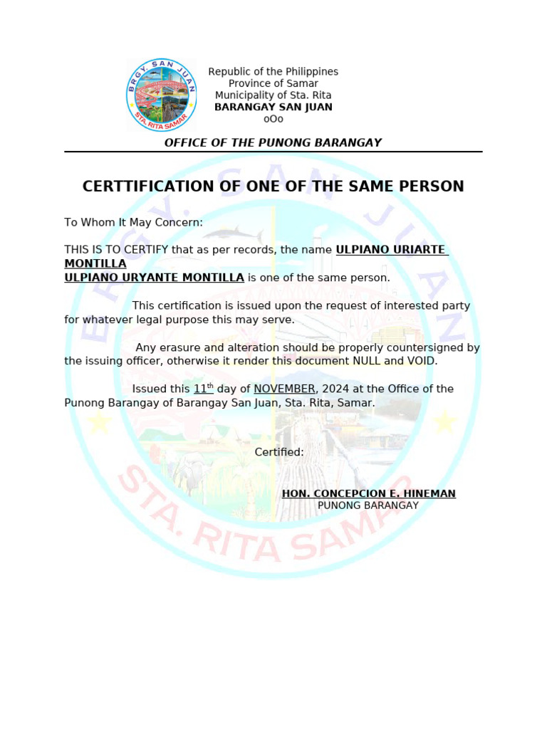 Cert of One of The Same Person | PDF