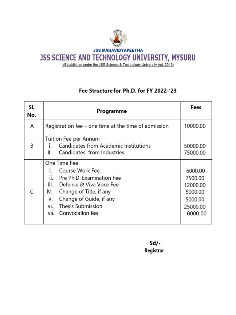 Ph.D Fee Structure 2022 23 | PDF