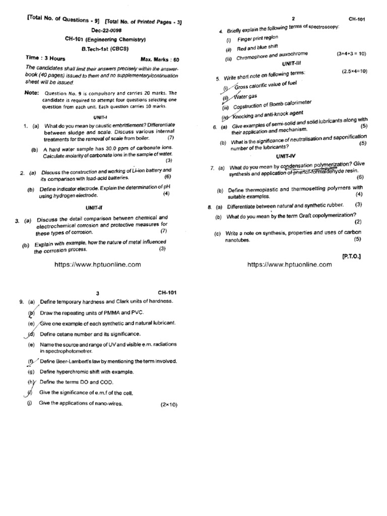 Btech 1 Sem Engineering Chemistry 0098 Dec 2022 | PDF