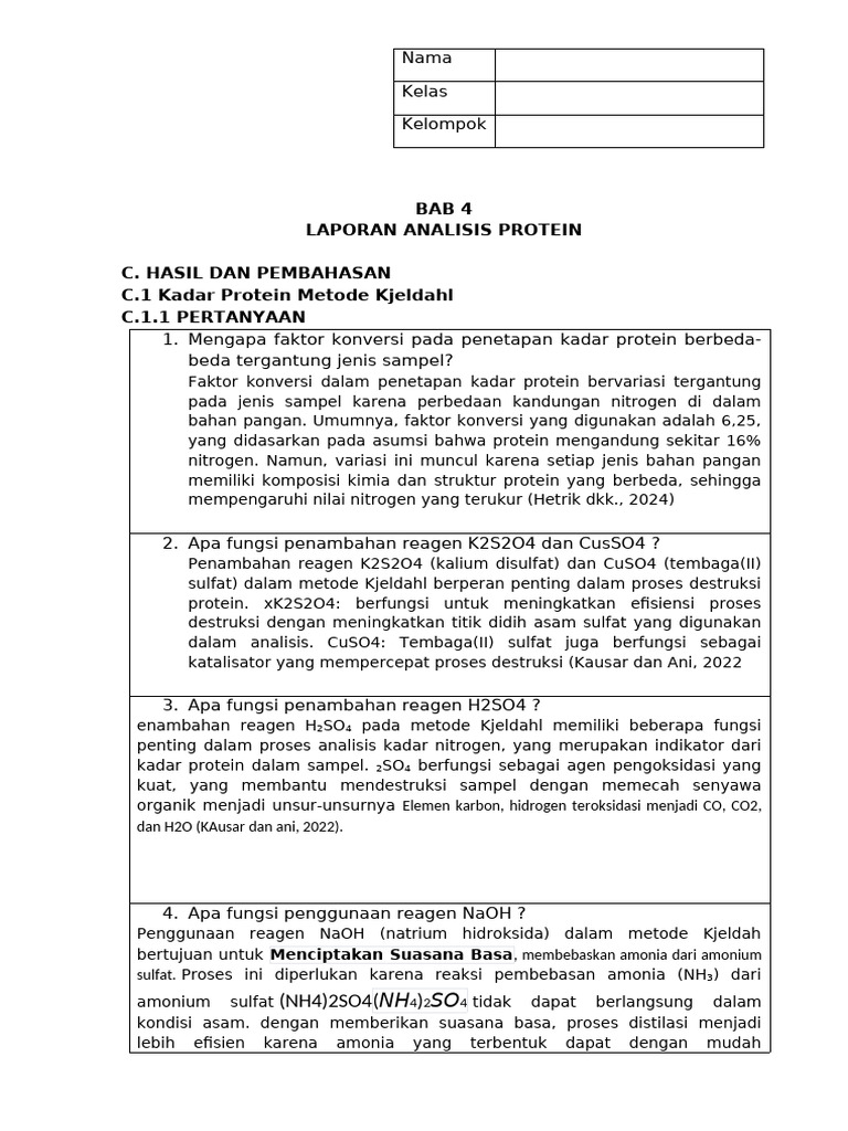 Analisis Kadar Protein Metode Kjeldahl dan Biuret | PDF