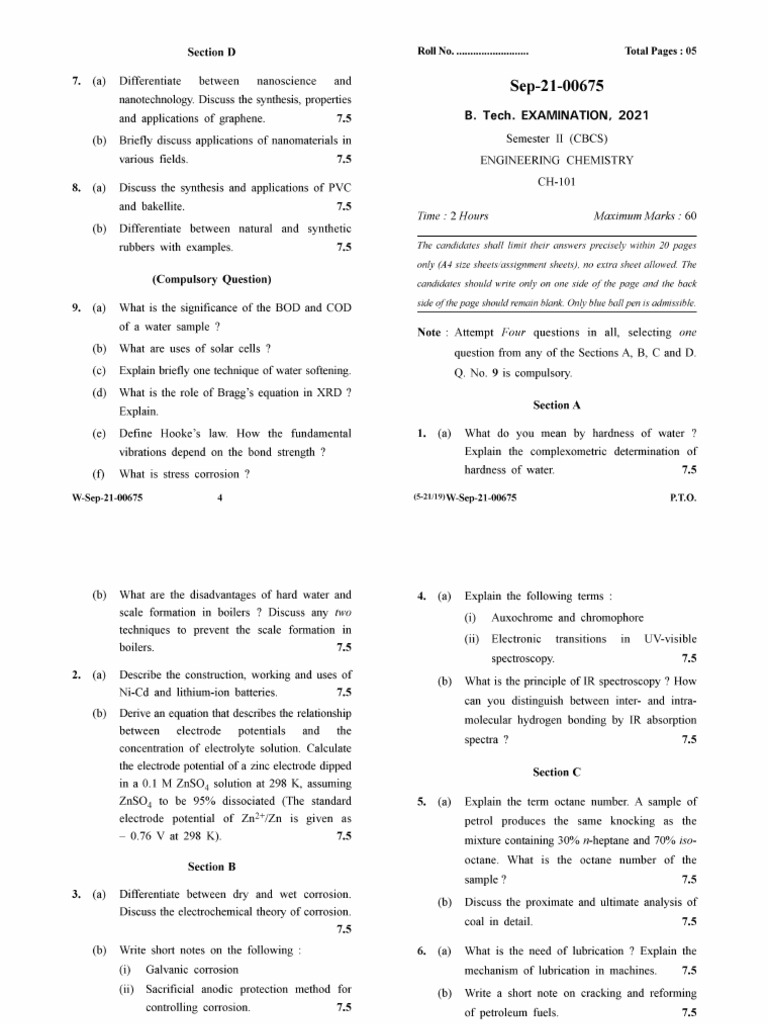 Btech 2 Sem Engineering Chemistry 00675 Sep 2021 | PDF
