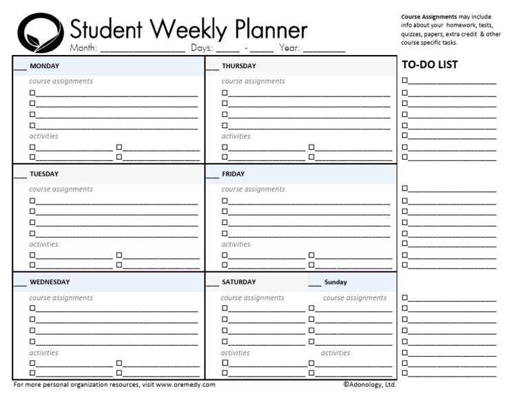 Weekly Student Planner Template | PDF