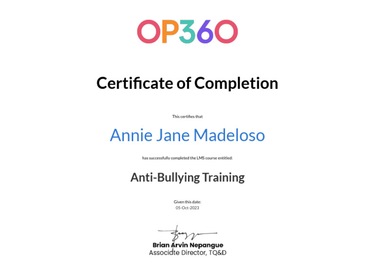 Anti-Bullying Training Completion Certificate | PDF