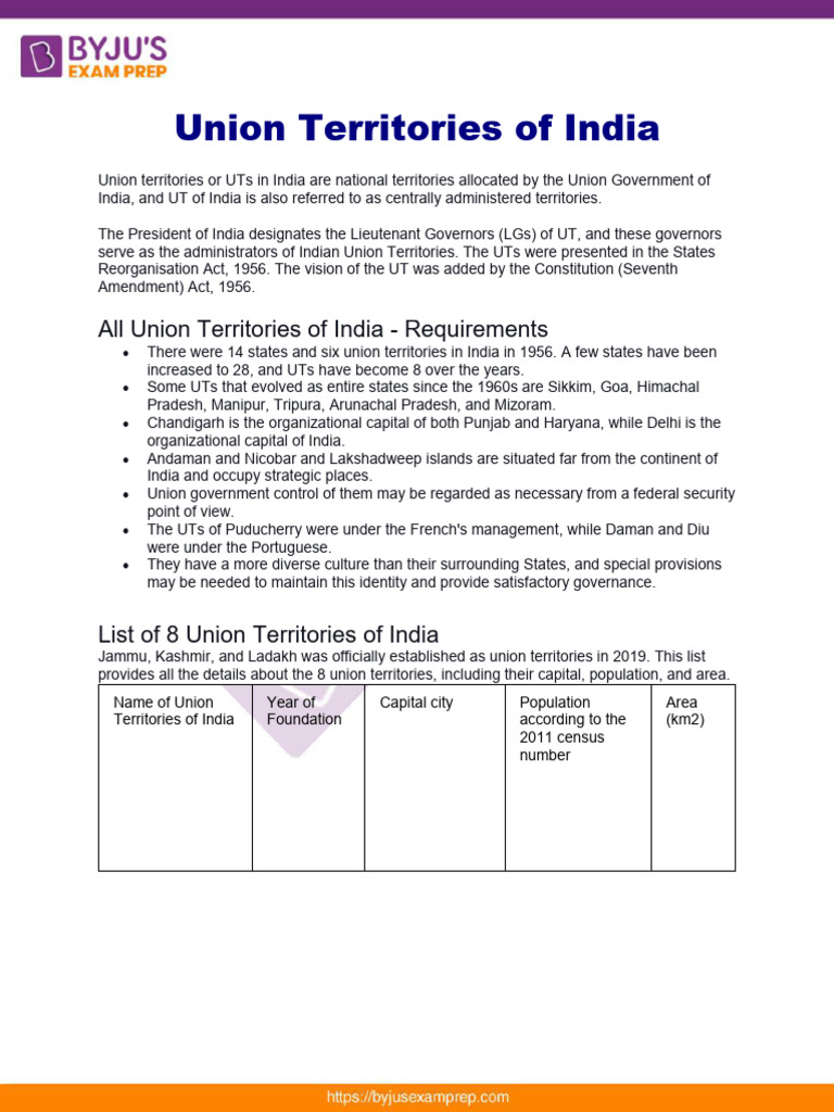 Union Territories of India Upsc Notes 72 | PDF | Government | Governance