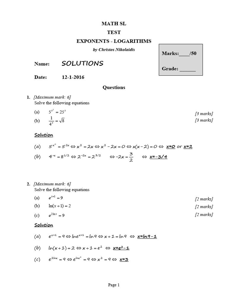 TEST 1. Exponents-Logarithms (SOLUTIONS) | PDF | Mathematics ...