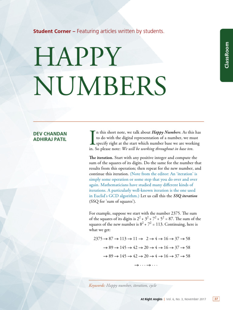 08 Happy Numbers Student Corner Classroom | PDF | Applied Mathematics ...