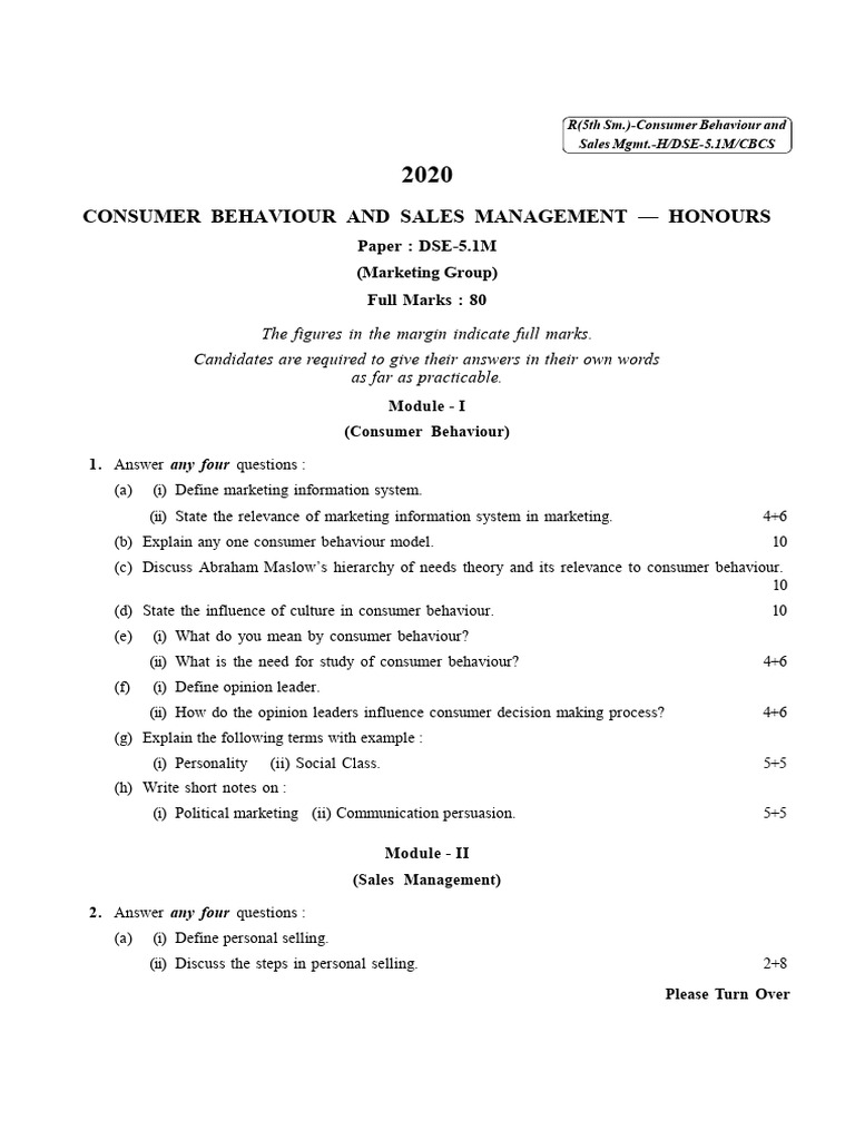 CU-2020 B. Com. (Honours) Consumer Behaviour Semester-V Paper-DSE-5.1M QP | PDF | Consumer ...