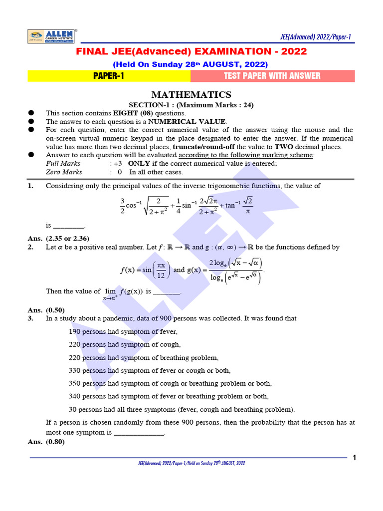JEE Advanced 2022 Paper 1 Solutions | PDF | Perpendicular | Complex Number