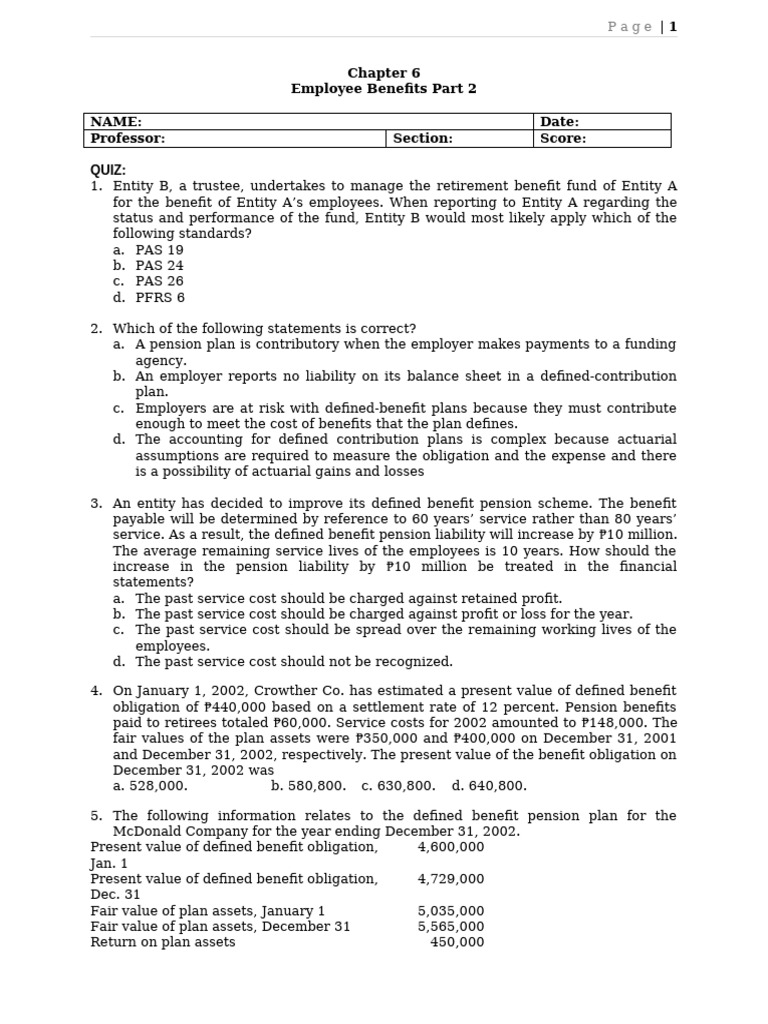 Quiz - Chapter 6 - Employee Benefits Part 2 - 2021 | PDF | Defined ...
