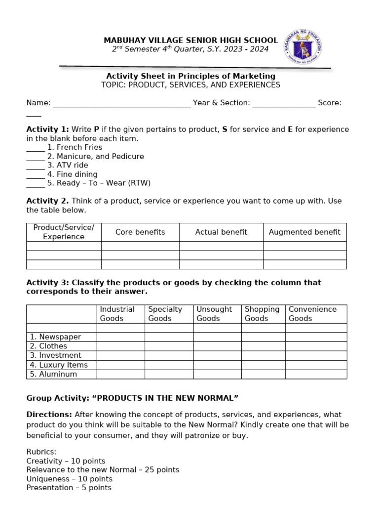 Marketing Activity Sheet for Students | PDF