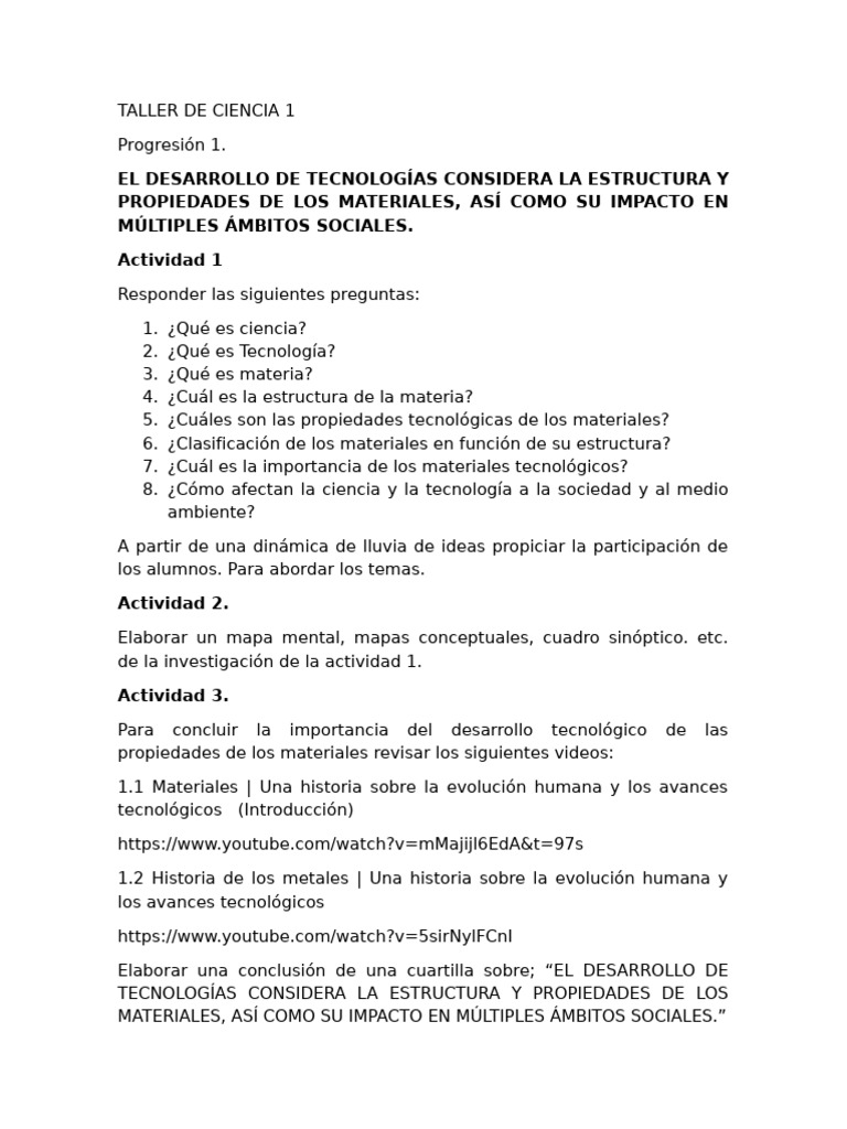 Progresión 1 Desarrollo de Taller de Ciencia (Alumno) | PDF