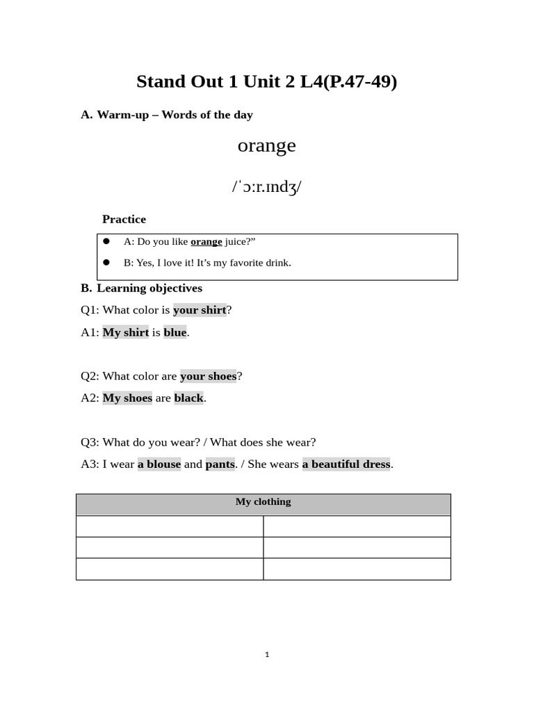 Standout 1 Unit 2 L4 | PDF