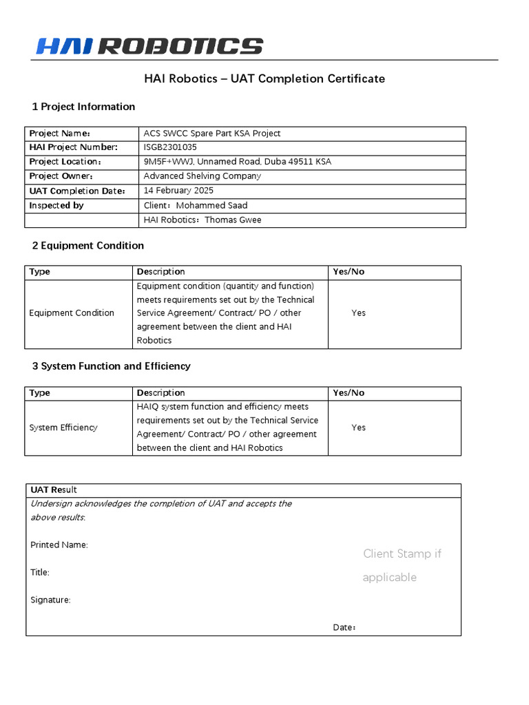 HAI Robotics UAT completion certificate - ISGB2301035 | PDF